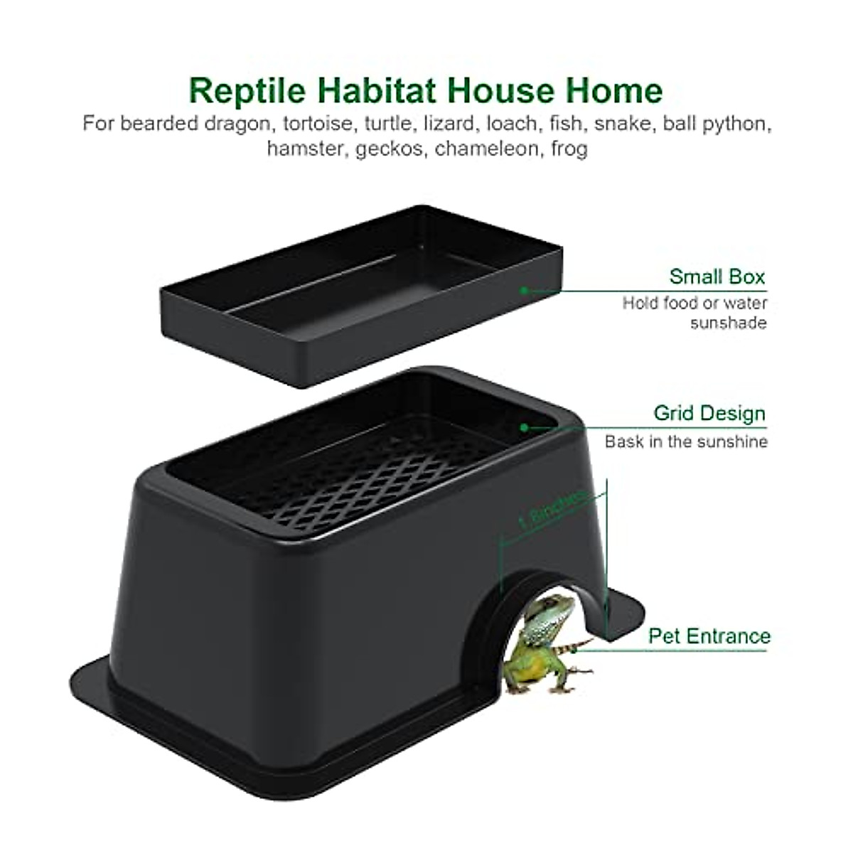 Black Reptile Habitat Box House Cave with Hollowed Out Design for Lizard, Frog, Crested, Gecko, Snake, Spider, Fish, Shrimp, Chameleon, Tortoise, Frog House with Shading & Water Supply. (M)