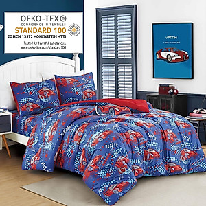 Red Race Cars print Comforter Set for Boys Girls teen, Twin size bedding for race car fan, include comforter fitted sheet, pillow sham and plush car shape pillow (Race Car Red, Twin)