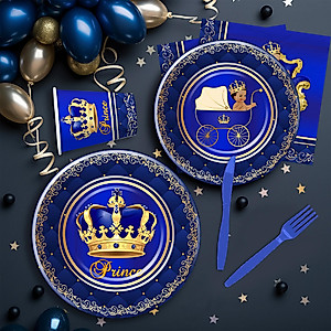Xenorik Royal Prince Baby Shower Decorations Party Tableware Boys - Blue Gold Little Prince Baby Boy Decorations Supplies, Plate, Napkin, Cup, Cutlery, Prince Baby Boy Table Decorations | Serve 24