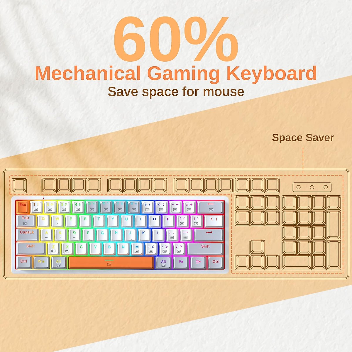 60% Keyboard Mechanical, Mini Wired Gaming Keyboard Compact 60 Percent Keyboard, RGB Backlit Hot-Swappable Red Switch Fully Programmable for Windows Laptop PC Mac,K642WGO White-Gray