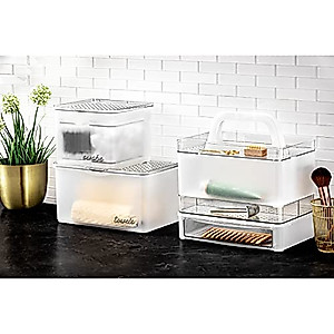 madesmart Medium Stacking Lid Storage Bin for Bathroom Organization, Plastic Bathroom Storage Bin with Dry-Erase Space, Frost