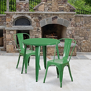 Flash Furniture Commercial Grade 30" Round Green Metal Indoor-Outdoor Table Set with 2 Cafe Chairs
