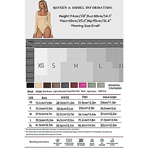 QINSEN Bodysuit Shirts for Women Square Neck Long Sleeve Shirt Double Lined Tops Marzipan M