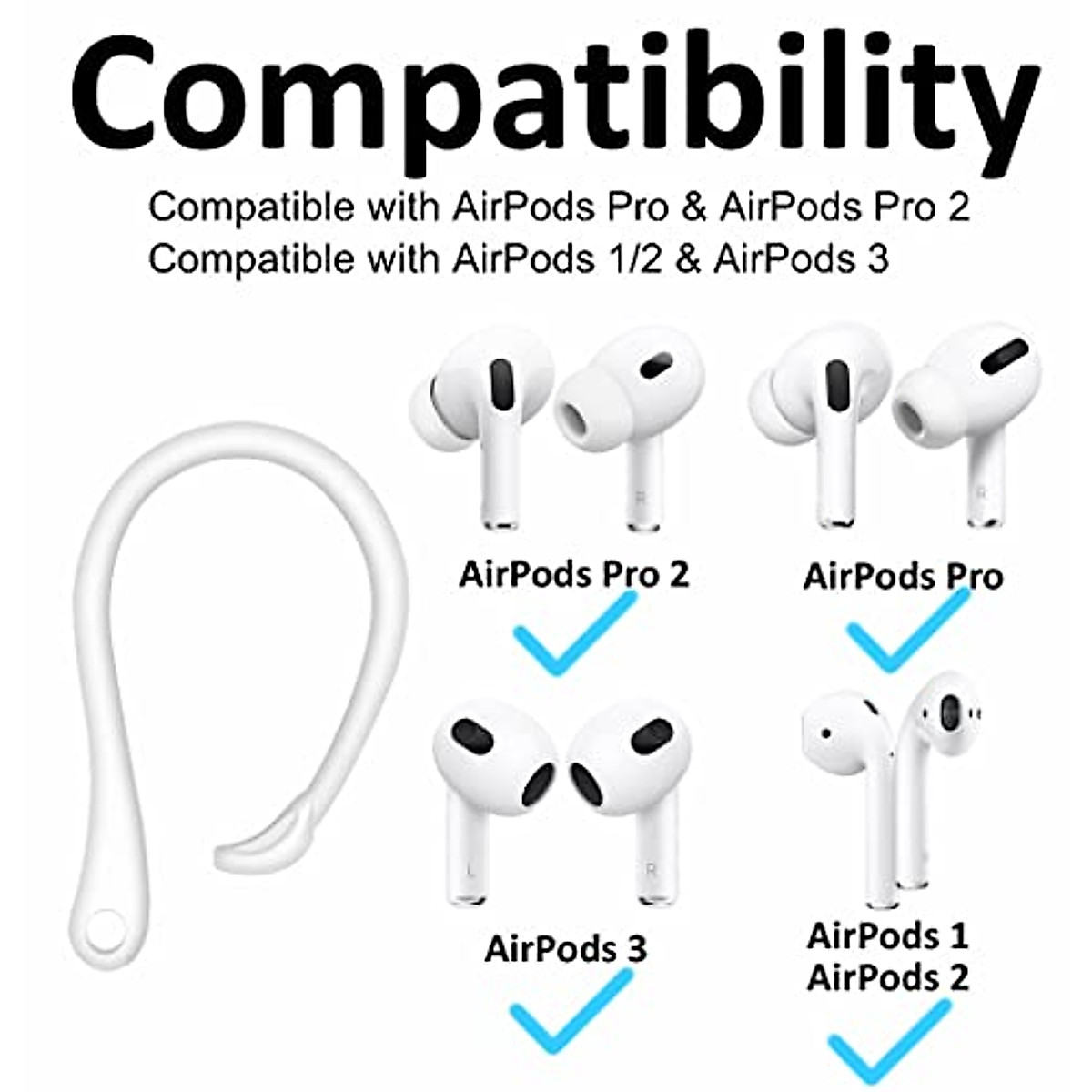 4 Pairs 【 Anti-Slip 】 Compatible with AirPods 2 Ear Hooks, Replacement Ergonomic Design Comfortable Fit Ear Tips Wingtips Sport Holder Accessories Compatible with AirPods 3 2 1 & Pro White 722