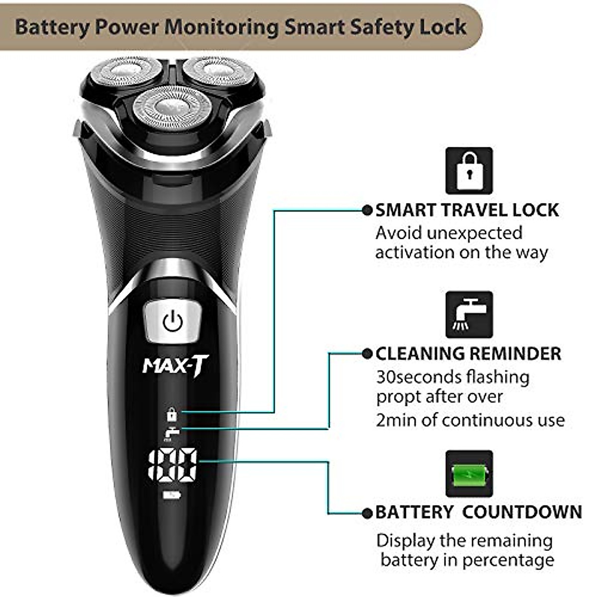 MAX-T Men's Electric Shaver - Corded and Cordless Rechargeable 3D Rotary Shaver Razor for Men with Pop-up Sideburn Trimmer Wet and Dry Painless 100-240V Black