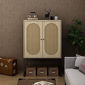 Lamerge Natural Rattan Cabinet Set of 2,Sideboard Buffet Cupboard Accent Cabinet with 2 Door,Adjustable Shelves,Free Standing Bookmatch,High Cabinet,RusticOak Beige