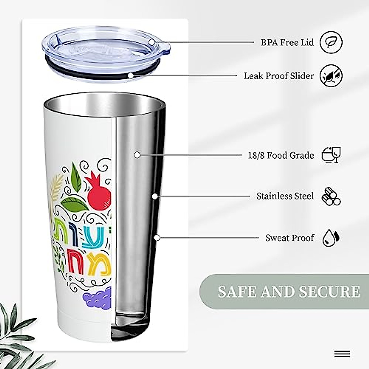 Happy Shavuot Jewish Holiday Stainless Steel Vacuum Insulated Tumbler 20oz Coffee Cups Travel Mug Car Water Cup With Leak-Proof Flip Lid Metal Straw Cleaning Brush Gift For Men Women