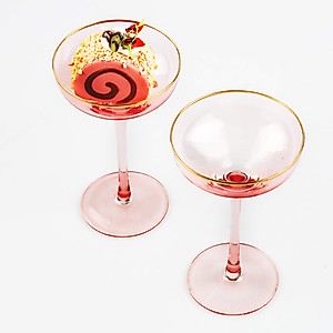 REAWOW Pink Champagne Glasses 5 OZ Champagne Coupe Glasses Classic Cocktail Glassware Gilded Dessert Cup Creative Unique Gift Set of 2