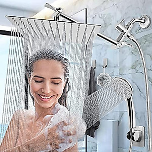 Shower Head Combo with 11'' Extension Arm，High Pressure Rain Shower Head with Handheld Shower Spray and Holder/ 1.5M Hose，Dual Rainfall Showerhead Set，Chrome (12 Inch)