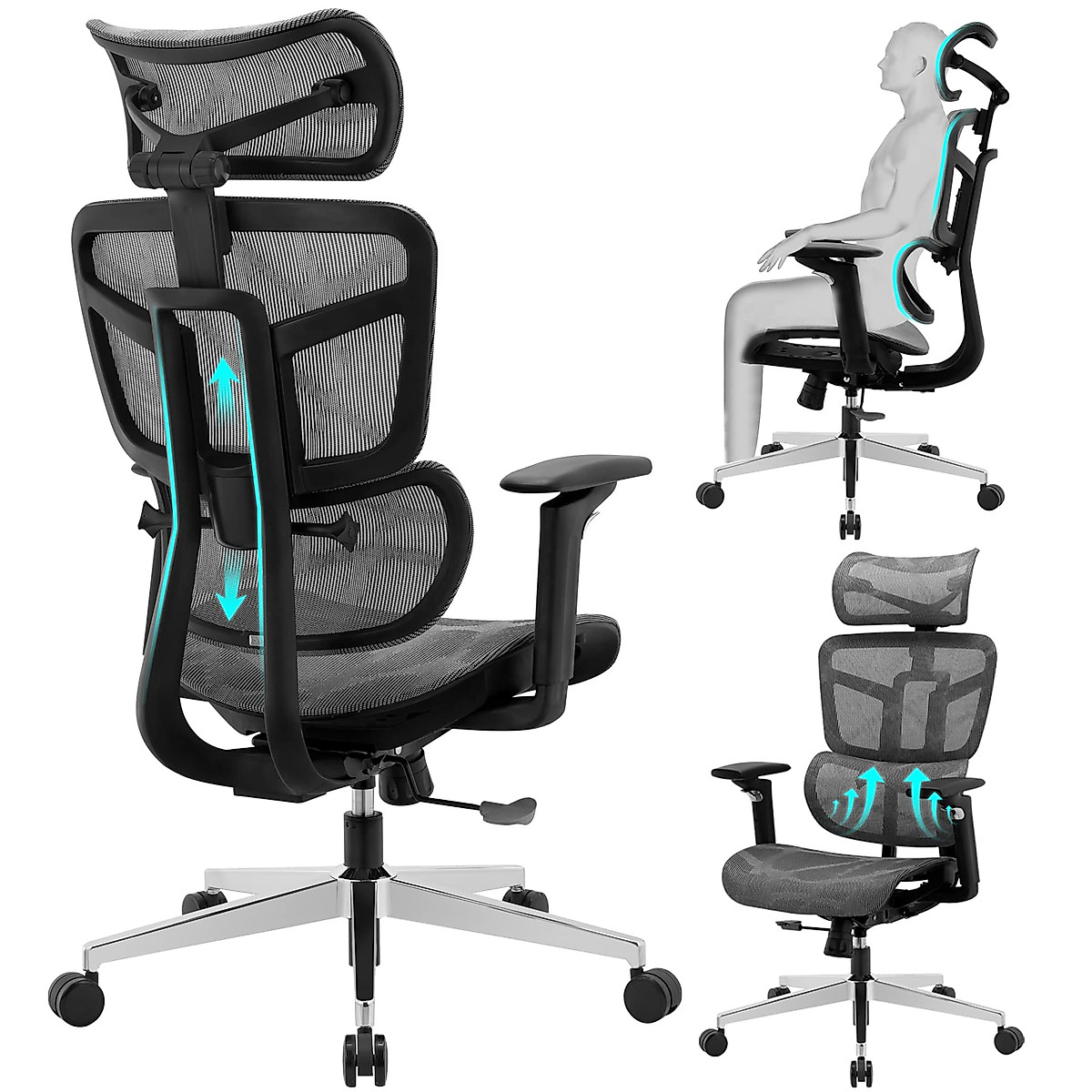 Ergonomic Office Chair, High Back Office Chair, Big & Tall Mesh Computer Chair with Lumbar Support/Headrest/5D Armrests, Executive Desk Chair with Adjustable Height for Home Office/Learning/Conference