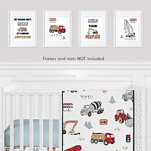 Sweet Jojo Designs Construction Truck Wall Art Prints Room Decor for Baby, Nursery, and Kids - Set of 4 - Grey Yellow Orange Red and Blue Transportation