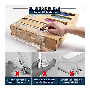 EAZE STORE Ziplock Bag Foil Plastic Wrap Dispenser Kitchen Drawer Organizer With Built-In Slider Cutter For Drawer Or Wall Mount Bamboo 6 In 1 Dispenser