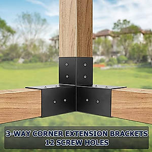 Soobool 4x4 DIY Pergola Bracket Kit with Black Powder Coated, Aluminium Alloy, 4 Arm Pergola 3-Way Corner Extension Brackets and 4 Solos Pergola Post Base for 4x4 Wood Post(Actual: 3.5"x3.5")
