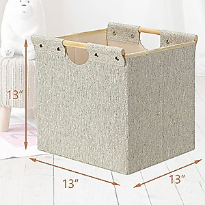 Posprica 13x13in Collapsible Storage Bins, 4 Pack Fabric Foldable Cube Storage Bins with Wooden Carry Handles, Decorative Storage Baskets for Bathroom Organizer, Shelves, Closet, Nursery, Toy -Beige