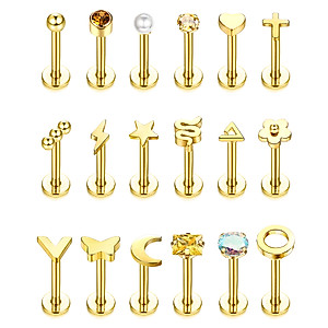 FIBO STEEL 18 Pcs 16G Forward Labret Helix Earrings Lip Nose Studs for Women Stainless Steel Tragus Medusa Conch Piercing Lip Jewelry Monroe Piercings Jewelry 6mm Gold-Tone