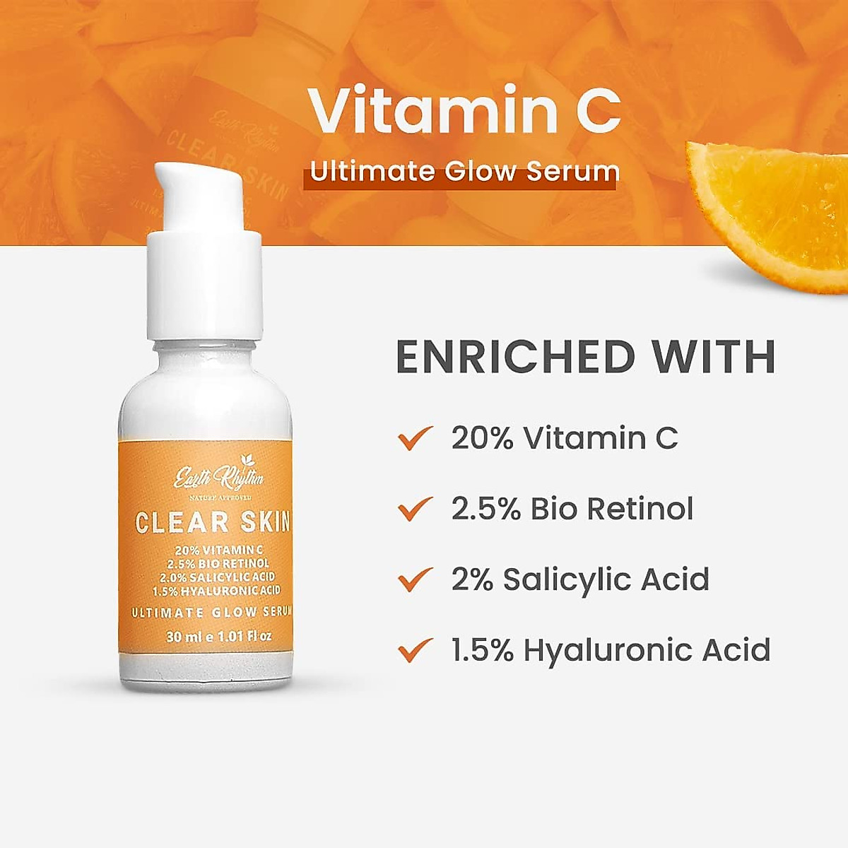 Glovy Rhythm 20% Vitamin C Serum for Glowing & Clear skin with Hyaluronic & Salicylic Acid| Hydrates Moisturizes & Brightens | Suitable for Oily Sensitive & Acne Prone Skin| Men & Women - 30 ml