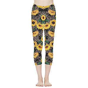Poceacles Sunflower Leopard Print Womens Capri Yoga Leggings with Pocket, High Waist Running Yoga Pants Gym Sport Tummy Control Leggings