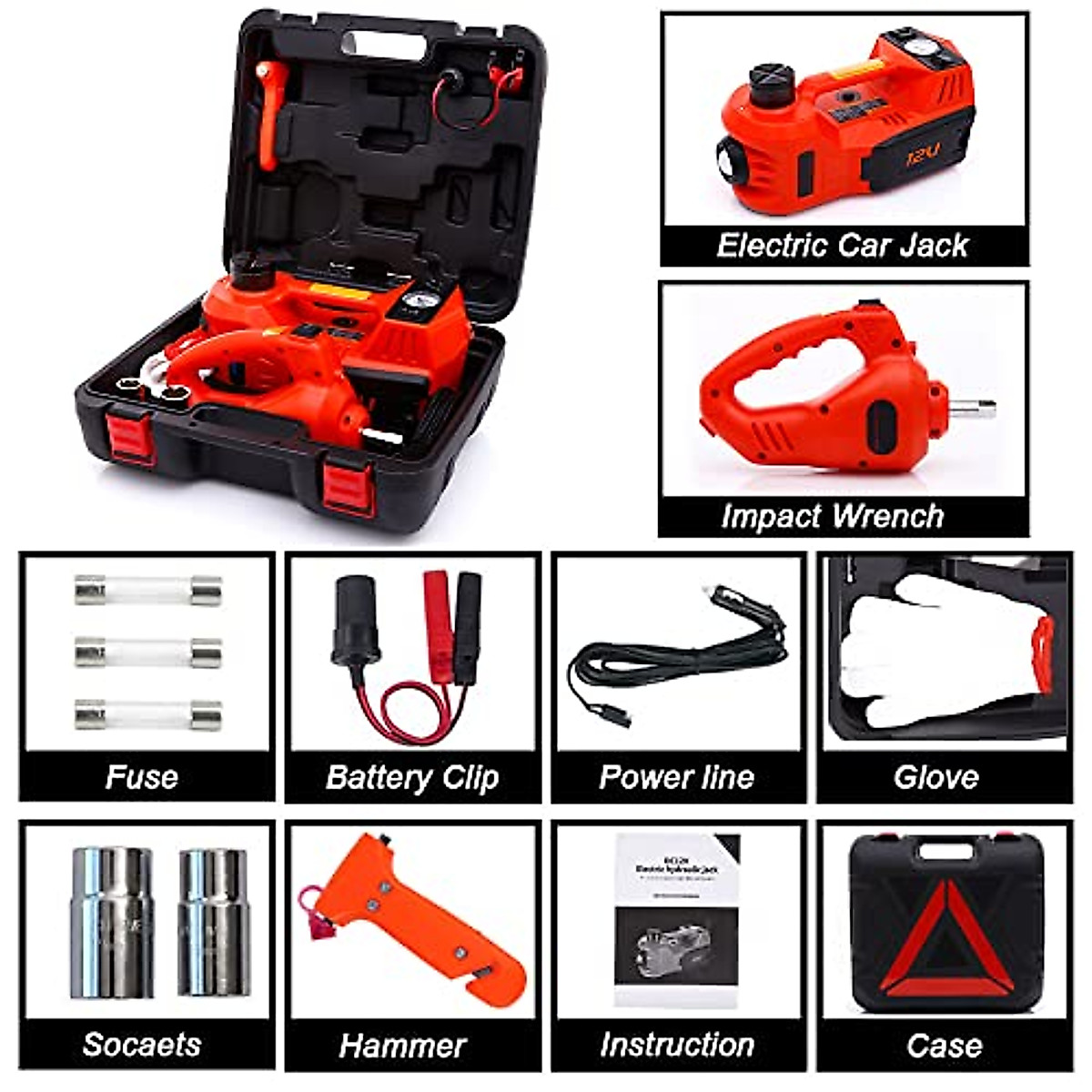 FEANISIFEI Hydraulic Electric Car Jack Kit 5 Ton 12 V with Impact Wrench Power, Built-in Inflator, LED Light, Portable Floor Gata para Set for Vehicle Truck SUV Automatic Lift Change Tire Repair Red