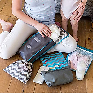 J.L. Childress Diaper Bag Organizer - Set of 5 Pouches - Organizing Pouches for Diaper Bag, Purse, Backpack - Clutch with Wrist Strap, Wet Bag, Food Pouch and More - Grey/Chevron