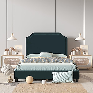 Getifun Upholstered Kids Twin Bed Frame, Velvet Wooden Kids Bed with Adjustable Headboard (Green)