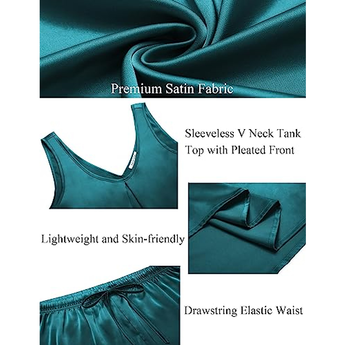 Ekouaer Satin Lounge Set Womens Two Piece Tank Top Pajamas Comfy Sleeveless Nightwear Loose-Fitting Silky Pjs Set (Blue Green,M)
