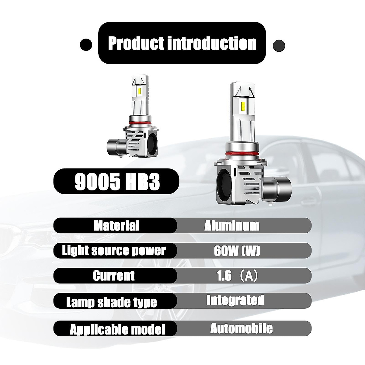 UGSHY 2 PCS 9005 HB3 Car LED Front Light, Super Bright Car LED Bulbs Kits, White Light Fog Light, Aluminum High Beam, Universal Automobile IP65 Waterproof Bulbs Replacement, UGDD1701WH-9005/HB3