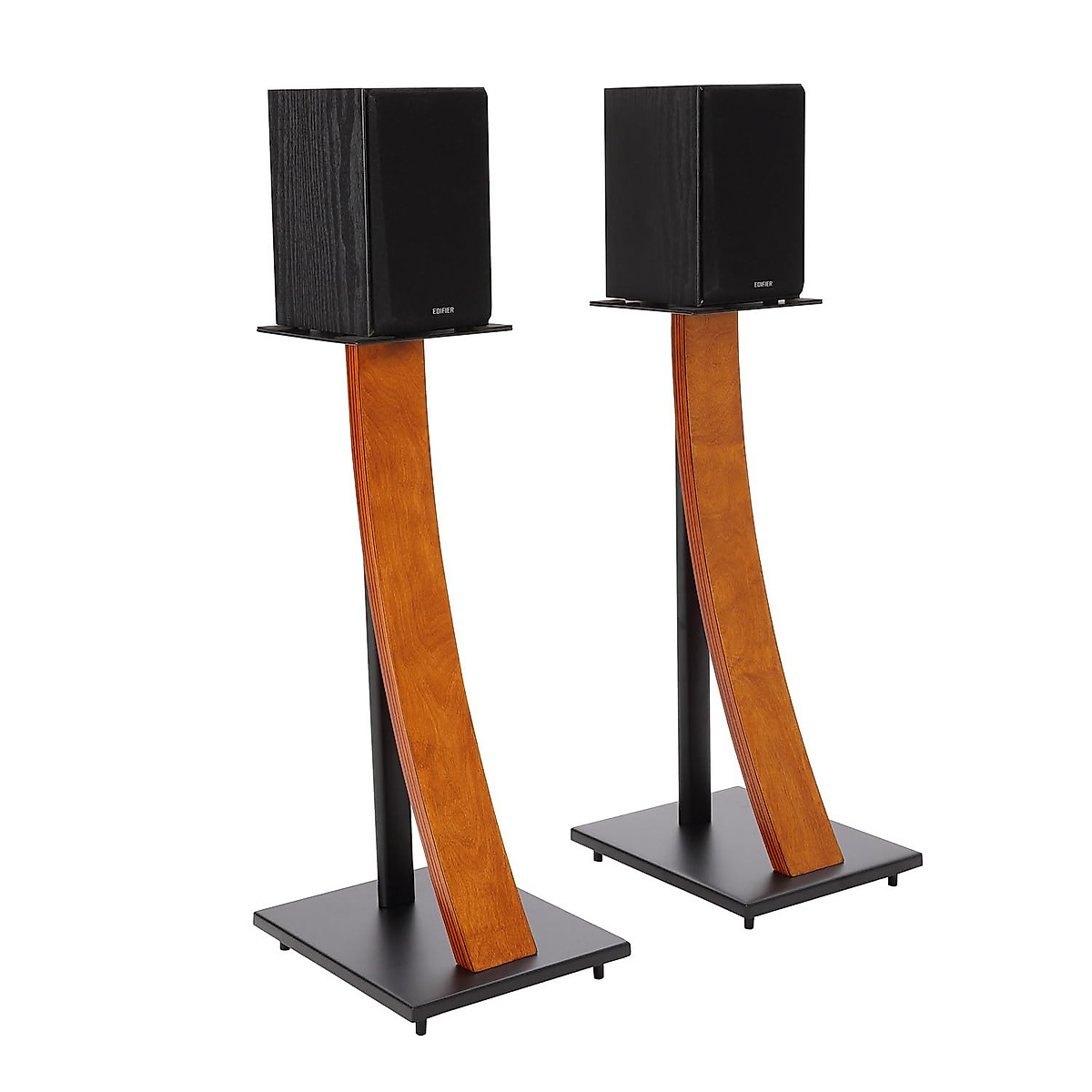 EXIMUS One Pair Fixed Height Universal Speaker Floor Stands with Real Wood - 290 Series (EX-290FW)