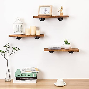 canwedance Rustic Wood Floating Shelves with Industrial Pipe Brackets Set of 3,3 Tier Wall Mounted Shelving Storage for Bathroom Bedroom Living Room Kitchen Office Home Decor 16.1" x 5.5" (Brown)