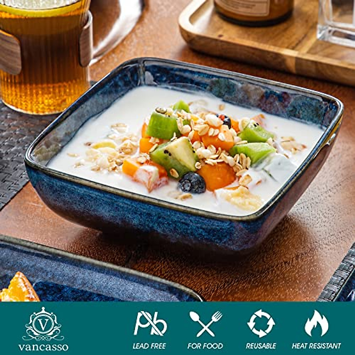 vancasso Stern Blue Dinner Set Square Reactive Glaze Tableware 16 Pieces Kitchen Dinnerware Stoneware Crockery Set with Dinner Plate, Dessert Plate, Bowl and Soup Plate Service for 4