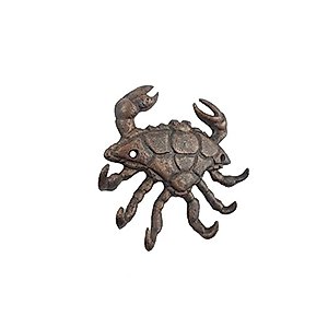 Handcrafted Nautical Decor Rustic Copper Cast Iron Decorative Crab with Six Metal Wall Hooks 7"
