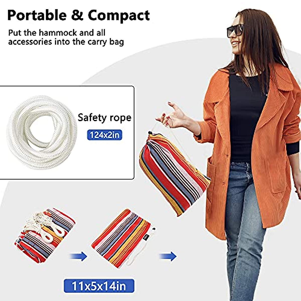 ROOITY Patio Hammock Double Hammocks with Portable Carrying Bag,Soft Woven Fabric, Up to 450 Lbs Hanging for Trees,Garden,Backyard,Porch,Outdoor and Indoor XXX-Large Stripe