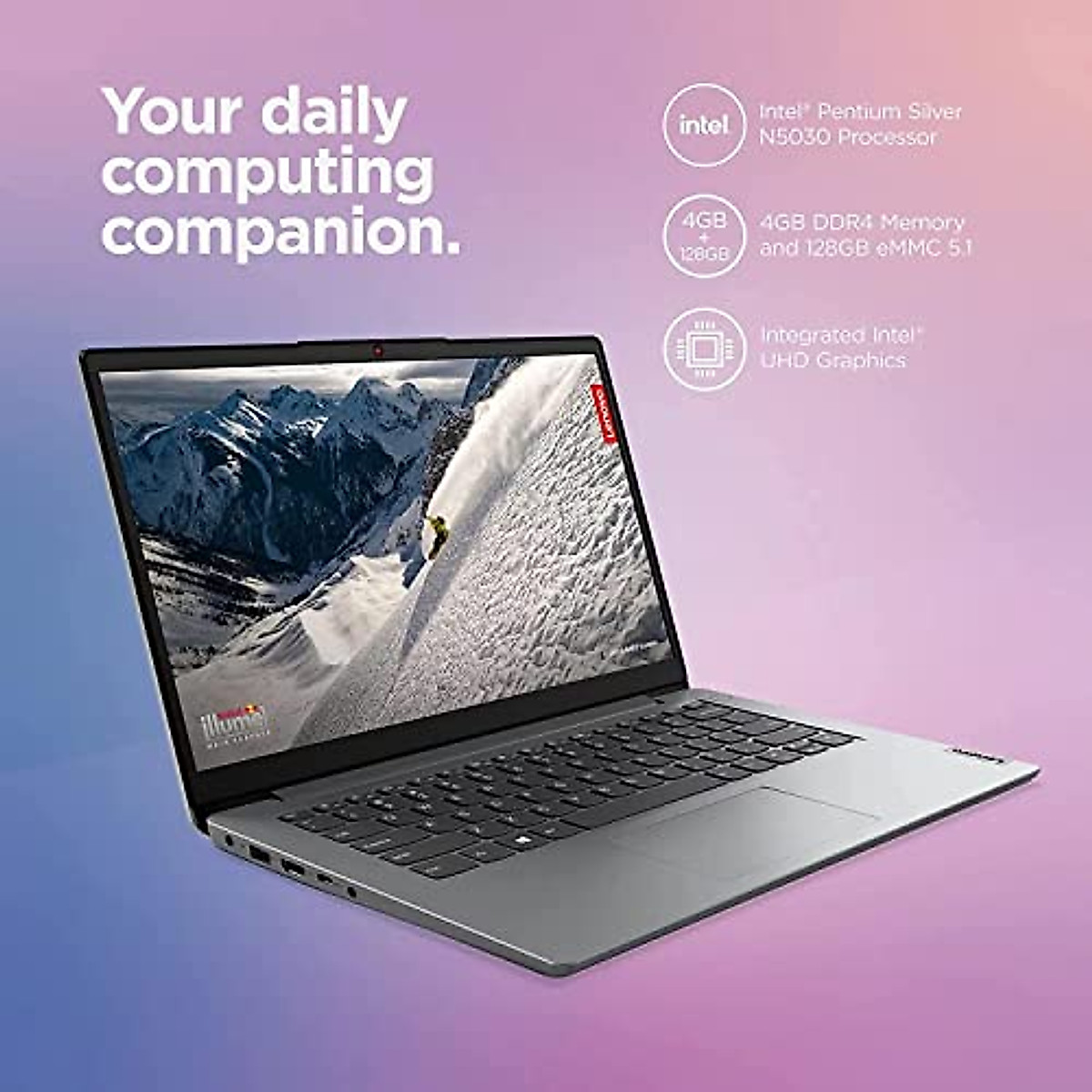 Lenovo IdeaPad 1i Thin Light Laptop, 14" HD Dispay, Intel Pentium N5030(up to 3.10 GHz), Intel UHD Graphics, 4GB RAM, 160GB Storage (128GB eMMC+MTC 32GB Flash Memory), Windows 11 S, Cloud Grey