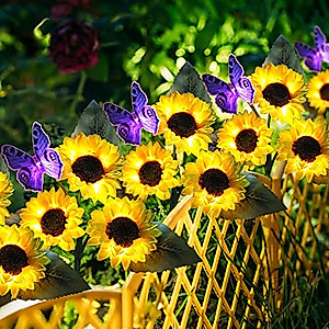 ANGMLN Solar Sunflower Lights Outdoor Decorative - 2 Pack Solar Flowers Lights Outdoor Garden Waterproof with Butterfly Decor Sunflower Garden Stake Lights for Yard Patio Lawn Pathway