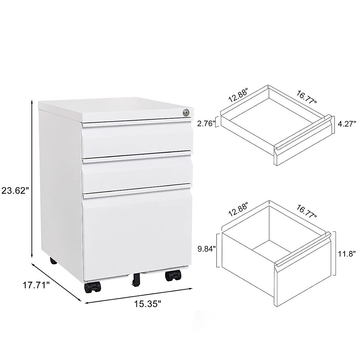 SumKea 17.71'' Rolling 3-Drawer Mobile Lock, Office Storage, Pre-Assembled Metal File Cabinet Except Wheels Under Desk, White