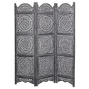 Deco 79 Wood Floral Handmade Hinged Foldable Partition 3 Panel Room Divider Screen with Intricately Carved Designs, 60" x 1" x 72", Black