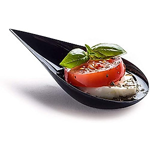 DLux 100 4-in Tear Drop Mini Appetizer Plates, Reusable Black Plastic Spoons - Desserts and Appetizers Dishes Serving Plate - Asian Spoon Set, Small Catering Dessert Tasting Cups - with Recipe Ebook