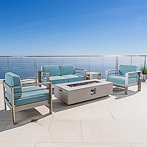 Christopher Knight Home Crested Bay Silver Aluminum Framed Chat Set with Water Resistant Cushions and Rectangular Fire Pit, 5-Pcs Set, Light Teal / White / Silver / Light Grey