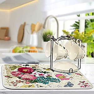 Dish Drying Mats for Kitchen Counter, TOPCARPENTER 18*24 inch Spring Flower& Hummingbirds Dish Drainer Mat, Ultra Absorbent Microfiber Dish Drying Pad for Kitchen Counter Coffee Bar