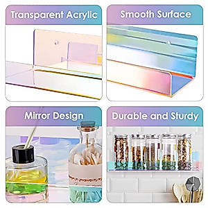 NiHome 2PCS Iridescent Wall Mounted Clear Acrylic Floating Shelves, Attom Tech 15" Thick Invisible Wall Ledge Bookshelf Kids Book Display Shelves for Home, Office, School, Business