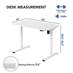 FLEXISPOT Adjustable Height Desk 40 x 24 Inches Whole Piece Desktop Small Standing Desk for Small Space Electric Sit Stand Home Office Table (White Frame + White Desktop)