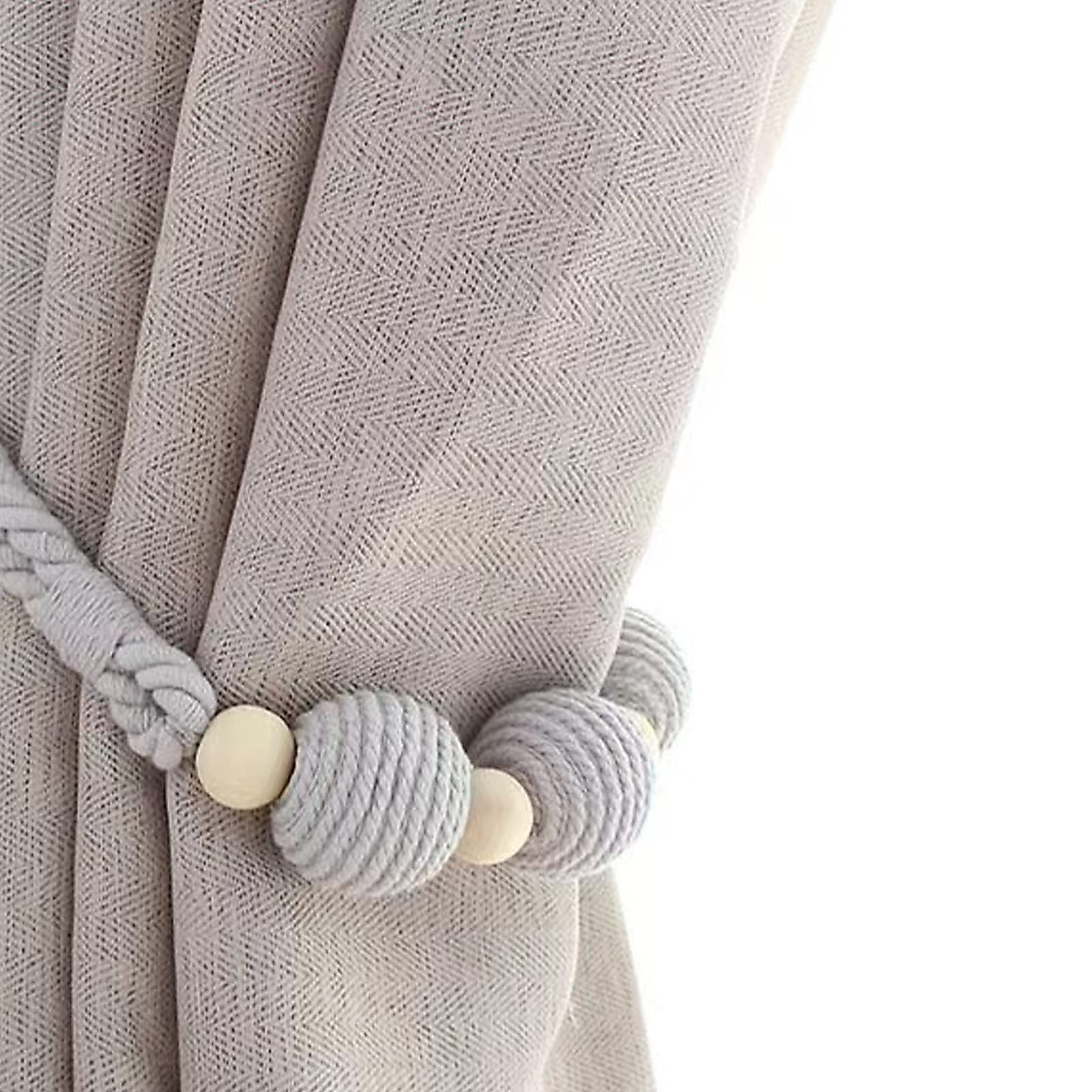 Boho Curtain Tiebacks Ropes, Magnetic Drapery Buckles for Decoration, Boho Curtain Tiebacks Curtain Holdbacks for Wall Curtain Tiebacks Window Drape Tie Back with Hooks for Bedroom Wall (Gray)