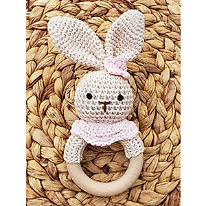 Natural Crochet Teether Toy Rattle for Baby Forest Friends Handmade Amigurumi Crochet Bunny Deer Fox on Natural Wooden Teething Ring Rattle Natural Baby Toys (Girl Bunny)