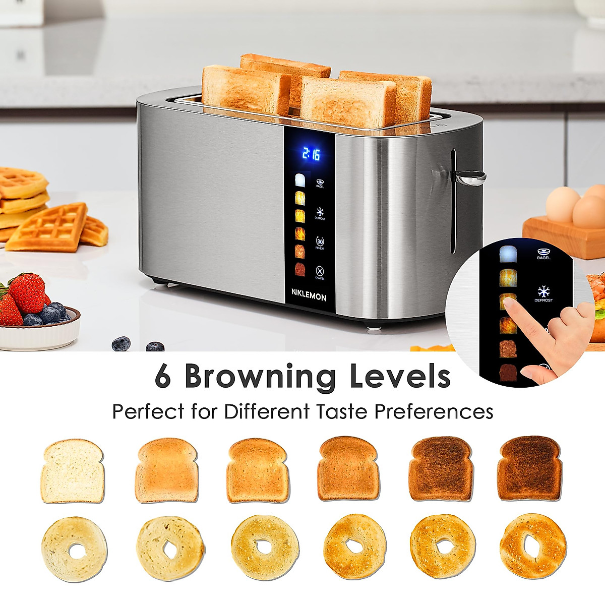 4 Slice Toaster, NIKLEMON Full Stainless Steel Toaster with LED Display, Touch Buttons with Long Extra Wide Slots, Bagel, Defrost, Reheat, Cancel Functions, Removable Crumb Tray, 1300W