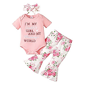 Tokidaring Infant Baby Girl Romper Bodysuit Tops Flared Bell Bottom Pants Cute Summer Outfits with Headband 3-6M Pink