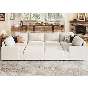 Nolany Modular Sectional Couch with Storage Ottoman, Corduroy Sectional Sleeper Sofa with Chaise, Sectional Couches for Living Room, Beige