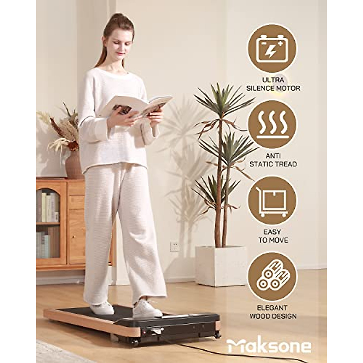 Maksone Under Desk Treadmill, Wood Electric Treadmill with Remote Control, Walking Jogging Machine, Installation-Free