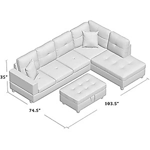 A Ainehome Sectional Sofa Faux Leather Modern L Shaped Couch Set 103.5”Wide Including Chaise and 3 Seating Sofa with Storage Ottoman for Living Room Furniture (Right Hand Facing, B-Brown)