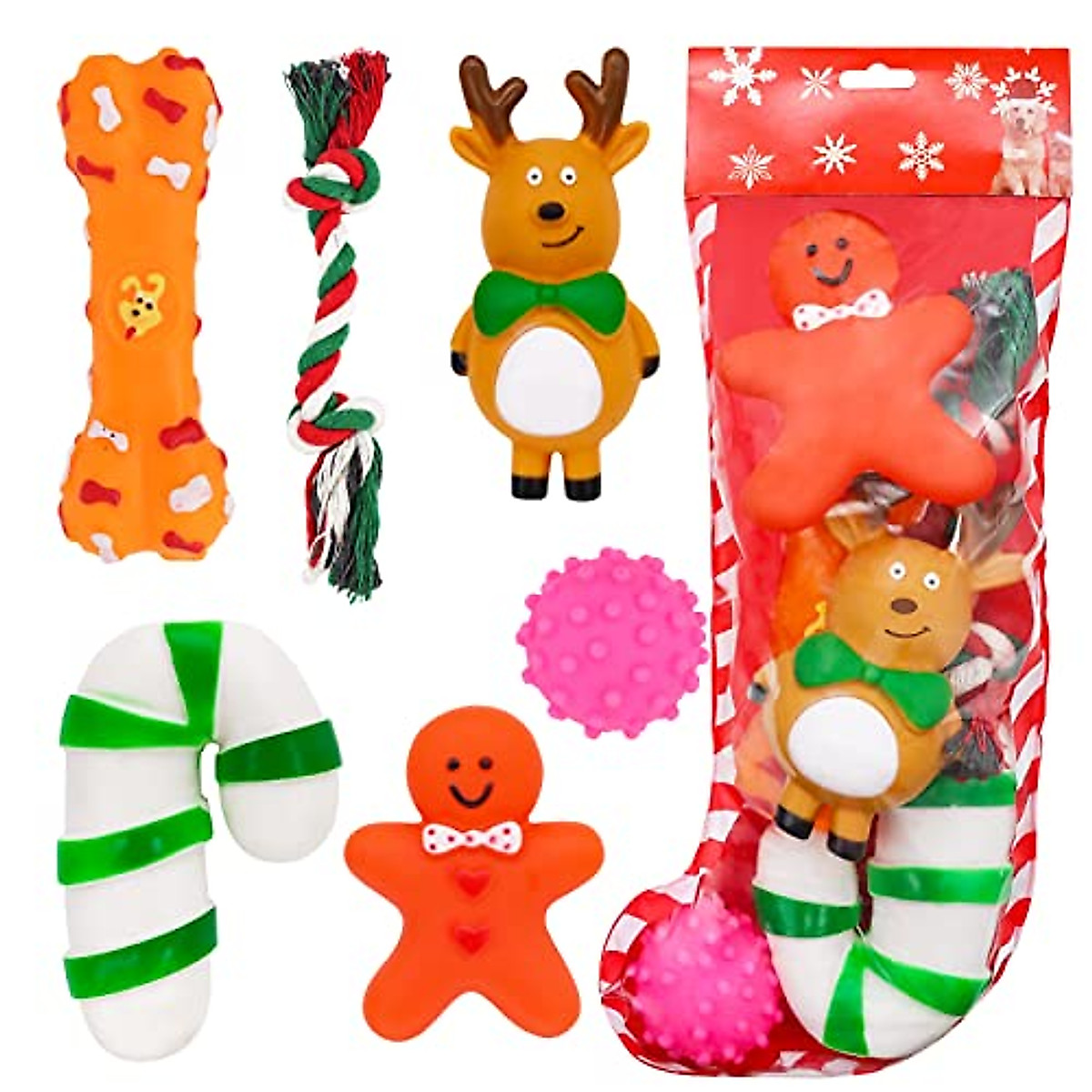 ZALALOVA Christmas Dog Stocking Gifts Toys Set, 6 PCS Xmas Dogs Toys with Squeaky Toys Chew Toys Assorted Crutch Gingerbread Man Bone Shape Christmas Candy Cane Shape Chewer Interactive Ball Gifts