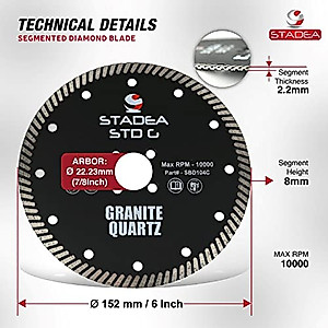 Stadea SBD104C Diamond Saw Blade 6-Inch Continuous Turbo Dry Cutting - Cuts Granite Quartz Quartzite, Fits Grinder, Saw Cutter, 8 MM Segments - Pack of 1