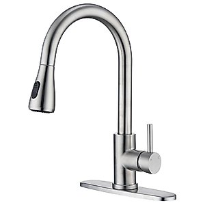 Kitchen Faucet with Pull Down Sprayer- Brushed Nickel Sink Faucets, 360° Swivel Single Handle High Arc Stainless Steel, Commercial Modern Kitchen-Faucets, 1/3 Hole, Deck Plate Included (2-Model)